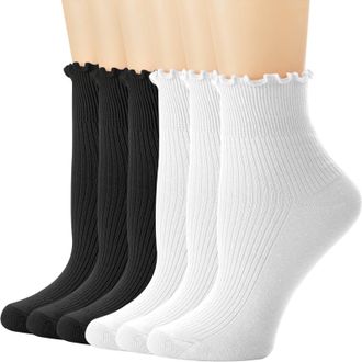 Dreshow Socken mit R&uuml;schen R&uuml;schensocken Damen Atmungsaktiv Baumwolle Crew Gestrickt Socken L&auml;ssig Kn&ouml;chel Socken f&uuml;r Damen M&auml;dchen 6 St&uuml;ck