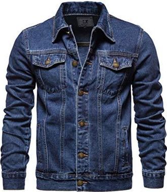 Minetom Veste en Jean Homme Denim Trucker Jean Jacket Blouson Cowboy Denim Slim Rider Manteau Manches Longues Boutons Jean Jacket A Bleu Foncé M
