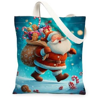 Generic Sacs fourre-tout en toile avec motif P&egrave;re No&euml;l, sacs d&eacute;picerie r&eacute;utilisables, l&eacute;gers et lavables avec bandouli&egrave;re, bleu, 13x15 Inch