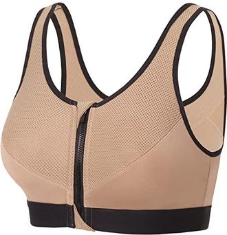 Syrokan Soutien Gorge Femme Sport sans Armature Maintien Extreme Zippée Devant Dos Nageur Non Rembourré pour Fitness Course Jogging Chameau 90B