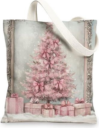 Generic Sac fourre-tout en toile motif sapin de No&euml;l rose dhiver pour le shopping, 33 x 38 cm, joli sac d&eacute;picerie r&eacute;utilisable pour femme, vacances, plage, pe