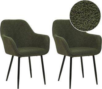 Beliani Esszimmerstuhl 2er Set Dunkelgr&uuml;n Boucl&eacute; Stoffbezug mit Hohen Armlehnen Schwarzen Beinen aus Metall Modern Wohnzimmer Esszimmer K&uuml;che M&ouml;bel