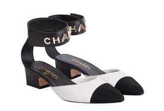 Chanel Black and White Logo Ankle Strap Pumps Size 38