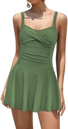 SHEKINI Maillot de bain une pi&egrave;ce &agrave; jupe torsad&eacute;e sur le devant pour femme - Robe de bain rembourr&eacute;e r&eacute;tro avec short, Vert olive, M