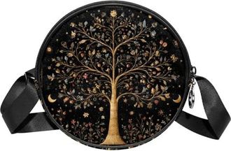 Generic Petit sac &agrave; bandouli&egrave;re rond rond pour femme, motif arbre de vie, avec fermeture &eacute;clair, bretelles r&eacute;glables, style d&eacute;contract&eacute;