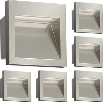 LEDs Com 6 Stück LED Wandeinbauleuchte NOLA, Downlight für außen, IP54, aluminium glänzend, 90 x 90mm, warmweiß