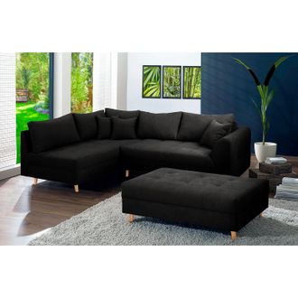 Norrwood home24 Ecksofa Meyford Schwarz Microfaser Enza 230 x 85 x 160cm Ottomane davorstehend links mit Hocker Skandi