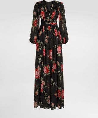 Dolce & Gabbana Langes Kleid Aus Chiffon Mit Rosenbouquet-print - Frau Kleider Mehrfarbig 46