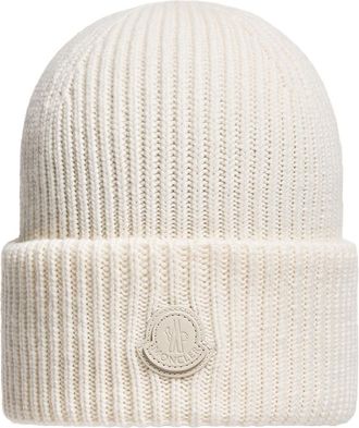 Moncler Moncler Leather Logo Cashmere Beanie, Men, White, Size: One Size