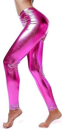 Generic Leggings métalliques Brillants pour Femmes, Look mouillé, Pantalon Extensible à Taille Liquide, Costume de soirée Disco (Cerise, L/XL)