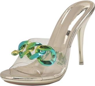 Miyoopark Mules sexy pour femme avec talon aiguille Mule d&eacute;t&eacute;, T88 Transparent Vert Dor&eacute;, 43 EU