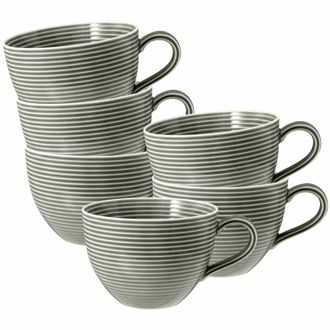 SELTMANN WEIDEN Beat Color Glaze Milchkaffeetassen 6er Set, 350 ml, Cappuccinotassen mit Rillen-Relief, Porzellan, Perlgrau