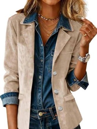 Generic Blazers vintage en faux daim &agrave; manches longues avec poches pour femme, beige, XXL