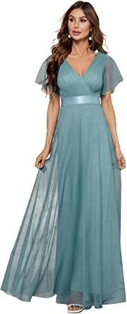 Ever-pretty Robe de Demoiselle dhonneur Soirée Bal Col en V Manches Courtes A-Line Taille Empire Longue Tulle Femme Bleu Fumé 46