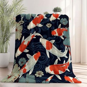 Generic Plaid Polaire 130&times;150 cm, Noir Plaide Douce en Microfibre Flanelle Couverture 3D Impression Style Japonais Fleurs Carpes ko&iuml; Peinture lencre Couvertur