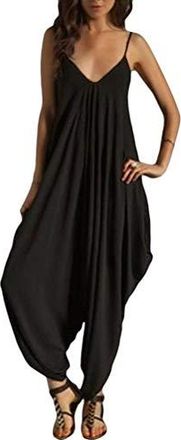 ORANDESIGNE Combinaison Femme Été sans Manches Salopette Grande Taille Dos Nu Loose Pantalon Sarouel Baggy Longue Jumpsuit B Noir 36