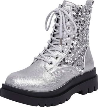 Generic Femme Bottines Combat Paillettes Semelle Chunky Plateforme Chic Style Punk Bottes Courtes &agrave; Lacets Sequins Tendance L&eacute;g&egrave;res Boots Chaussures D&eacute;contrac