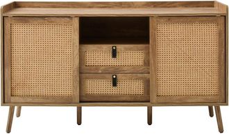 Calicosy Anrichte mit 2 Schiebet&uuml;ren und 2 Schubladen - Fassaden aus nat&uuml;rlichem Rattan, Griffe aus schwarzem PU-Leder - Kollektion Palmo - Wohnzimmer, Esszimm