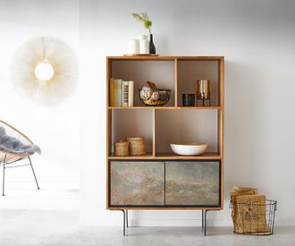 DELIFE Highboard Juwelo 88x135 cm Akazie Natur mit Steinfurnier, Highboards