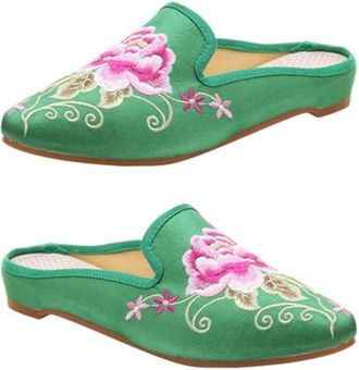 BESTONZON Pantoufles Brodées pour Femmes Style Ethnique Vertes Taille 38 Tissu Respirant Semelle Antidérapante Tpr Pantoufles DIntérieur Confortables et Légères