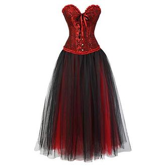 Grebrafan Bustier Corset de Mari&eacute;e Jupe Femme Longue en Tulle Vintage (EUR(36-38) L, Noir Rouge)