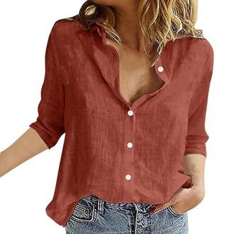 Generic Chemises d&eacute;t&eacute; en coton et lin &agrave; manches 3/4 boutonn&eacute;es pour femme - Tunique d&eacute;contract&eacute;e et ample - V&ecirc;tements tendance 2026, Rouge, 5XL