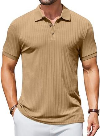 Coofandy Polo en tricot pour homme avec boutons - T-shirt dété côtelé - T-shirt de golf extensible, kaki, XL