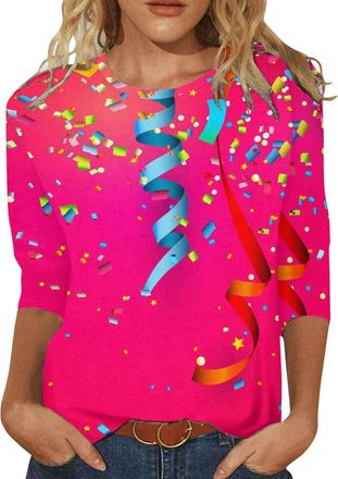 Generic Damen 3/4 Arm Shirt Bunt Regenbogen Druck T-Shirt Rundhals Oberteile 70er Jahre Hippie Kost&uuml;m Karneval Fasching Outfit Tunika Bluse Casual Streetwear