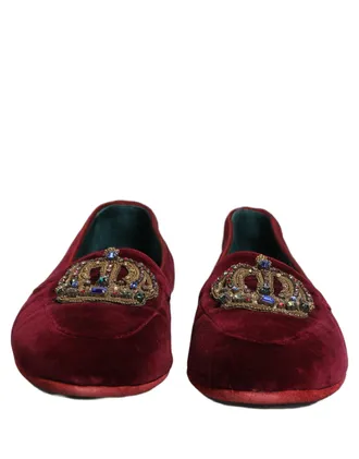 Dolce & Gabbana Mens Burgundy Velvet Crown Slip On Loafers Shoes Leather
