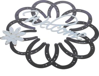 DOITOOL Eisernes Flower Welcome Schild Wanddeko Hufeisen Blumenmotiv Fronttür Gartendekoration Langlebig Schwarz für Hauseingang Garten Balkon