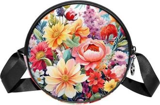 Generic Sac &agrave; bandouli&egrave;re rond pour femme, motif floral et fleurs, petit sac &agrave; bandouli&egrave;re avec fermeture &eacute;clair, bretelles r&eacute;glables, sac &agrave; main rond d&eacute;contr