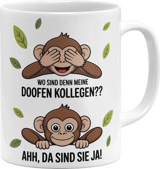 OM3 Lustige Arbeitskollegen Kaffee-Tasse mit Spruch - Bürotasse Doofe Kollegen Affen - Keramik Becher - 325ml - Beidseitig Bedruckt - Weiss