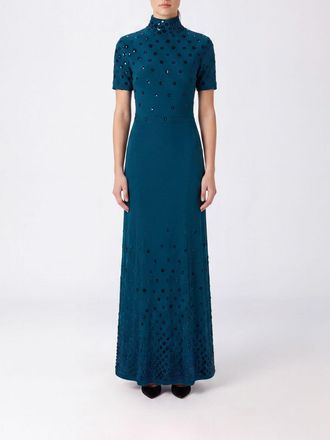 Paco Rabanne Robe de soir&eacute;e longue en satin &agrave; col montant et sequins