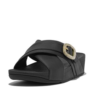 FitFlop Womens Lulu Crystal-Buckle Leather Cross Slides Sandal, Schwarz, 39 EU