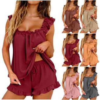 Generic Ensemble de pyjama 2 pi&egrave;ces pour femme - Ensemble de pyjama court sans manches &agrave; col carr&eacute; avec short - V&ecirc;tement de nuit d&eacute;t&eacute; avec volants - V&ecirc;tements