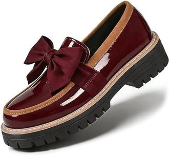 Generic Mocassins &agrave; semelle &eacute;paisse avec noeud verni pour femme, chaussures &eacute;l&eacute;gantes &agrave; talons &eacute;pais, pour le travail, le travail et le quotidien, Rouge, 10 U