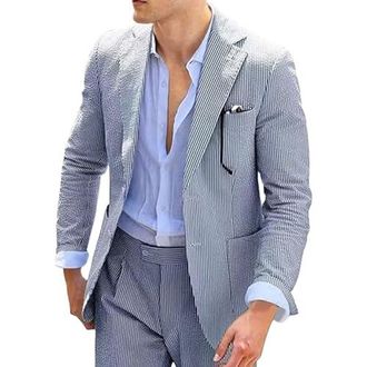 Generic Ensemble de costume fin en seersucker ray&eacute; pour homme - Tenue d&eacute;t&eacute; pour la plage et le mariage - 2 pi&egrave;ces - Costume classique &agrave; ventouse, Bleu 1, XXL