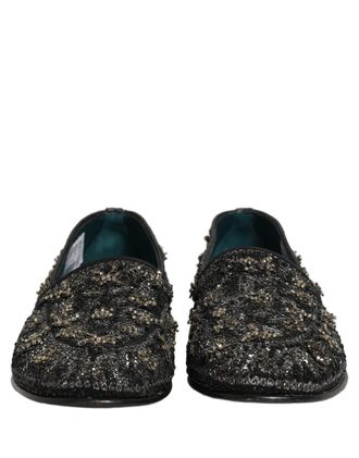 Dolce & Gabbana Mens Black Rhinestone Embellished Loafers Shoes Leather