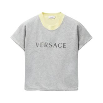 Versace Bedrucktes Stretch-Baumwoll-Jersey-T-Shirt - - Tops - Damen - Grau - XS