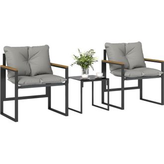 OUTSUNNY Salon de jardin - Outsunny - 3 pi&egrave;ces 2 places - 2 fauteuils 1 table basse en verre tremp&eacute; et coussins - m&eacute;tal et textil&egrave;ne - gris