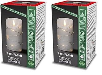 Konstsmide LED Echtwachskerze, weiß, mit 3D Flamme und silberfarbenem Draht umwickelt, mit 4h und 8h Timer, 1 warm weiße Diode / 13 LED Tropfen, batteriebetriebe
