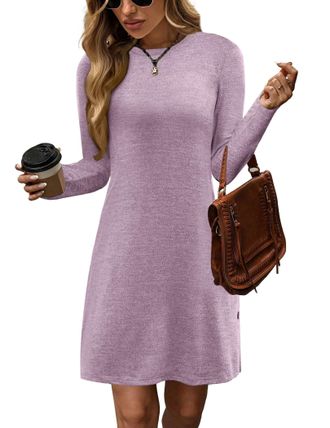Zeagoo Kleider Damen Langarmkleid Rundhals Strickkleid Herbst Winter Casual D&uuml;nn Kleid Einfarbig Knielang Kleid mit Kn&ouml;pfen Mauve XXL