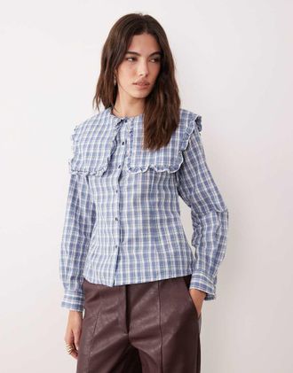 Ghospell Esra - Blouse &agrave; carreaux et col oversize en coton m&eacute;lang&eacute; - Bleu