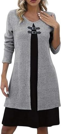 Generic Robe en tricot pour femme 2 en 1 - Style d&eacute;contract&eacute; - Manches longues - Col rond - Avec double boucle - Patchwork A-Line - Midi, gris, XXL