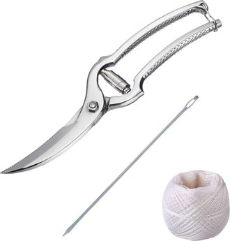 Westmark Set f&uuml;r Gefl&uuml;gel, 3tlg., 1 Gefl&uuml;gelschere mit Federmechanismus, 1 Dressiernadel + 1 K&uuml;chengarn 60m, Rostfreier Edelstahl/Polyester, Classic, Silber/We