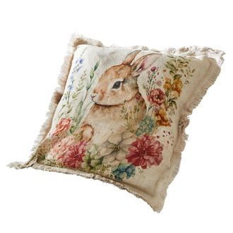 Loberon Kissenh&uuml;lle Par&eacute;lys - Hasenmotiv mit Blumen - Verspielter Fransenabschluss - L&auml;ndlicher Charme - Kissenbezug - Ostertextilien - Ostern - Leinen, bunt
