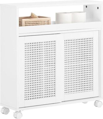 SoBuy Sobuy - Armoire WC Toilettes compacte BZR119W - Meuble bas de salle de bain &eacute;troit sur roulettes - 2 portes coulissantes en rotin - Dimensions L65 x