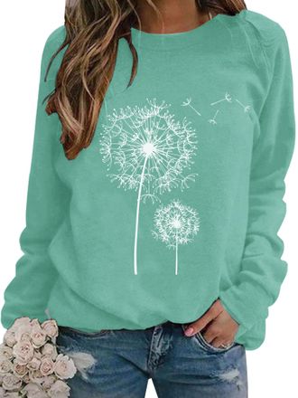 Dresswel Damen Löwenzahn Sweatshirt Langarmshirt Pusteblume Drucken Pullover Herbst Winter Bluse Tops Oberteile(Mintgrün, 2XL)