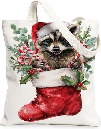 Generic Sacs fourre-tout en toile de raton laveur, adorable motif animal de vacances, sacs d&eacute;picerie r&eacute;utilisables, festifs, l&eacute;gers et lavables, Blanc, 13x15 