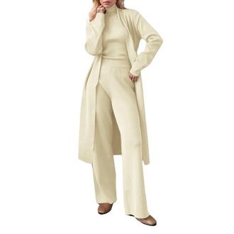Generic Ensemble 3 pi&egrave;ces avec pantalon tricot&eacute; pour femme, avec cardigan &agrave; manches longues, d&eacute;bardeur &agrave; col roul&eacute; et pantalon large, abricot, Taille unique